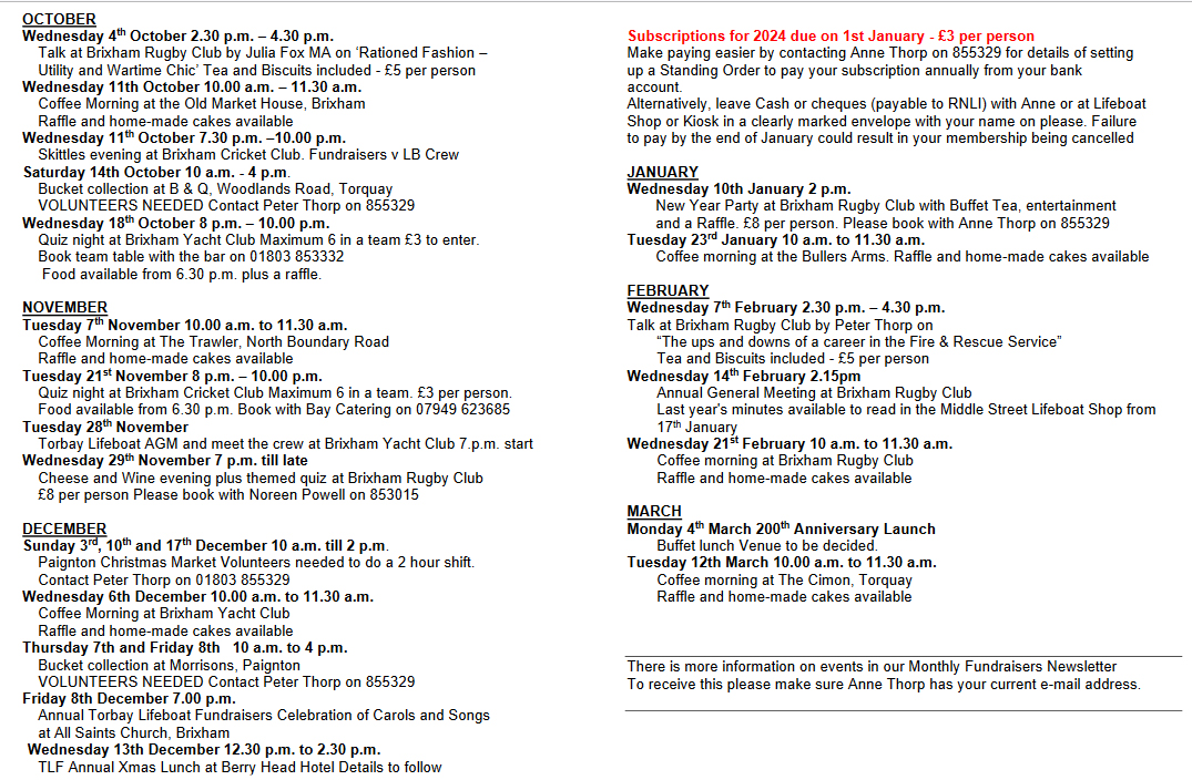 2023/24 Programme of Fundraising Events. – Torbay Lifeboats